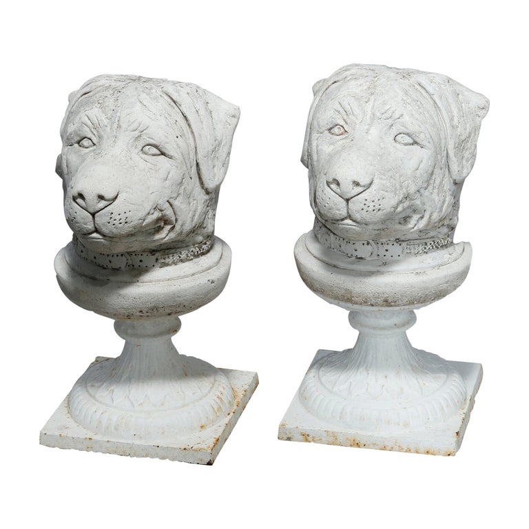 Vintage Cast Stone Figural Dog Bust Sculptures on Plinths, 20th Century ...