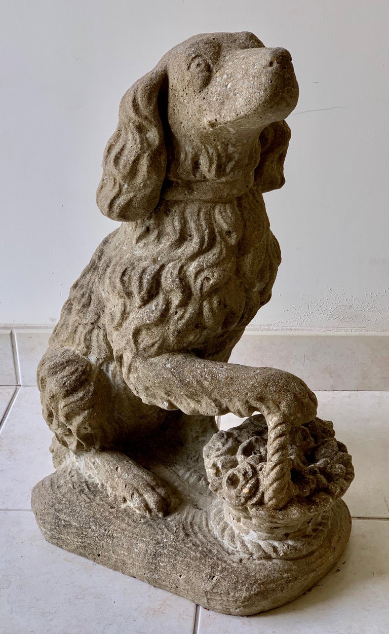 Vintage Cast Stone Life Size Spaniel with its Paw on a Basket at 1stDibs