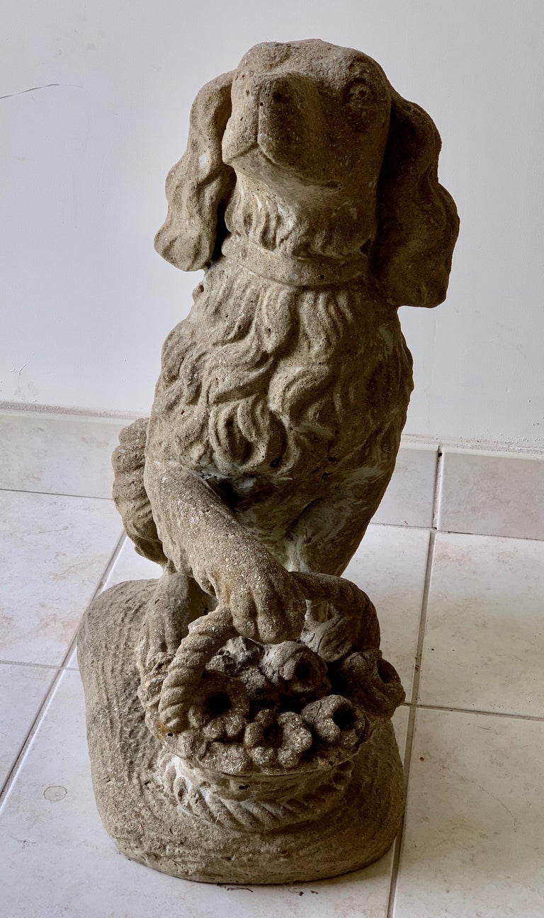 Vintage Cast Stone Life Size Spaniel with its Paw on a Basket at 1stDibs