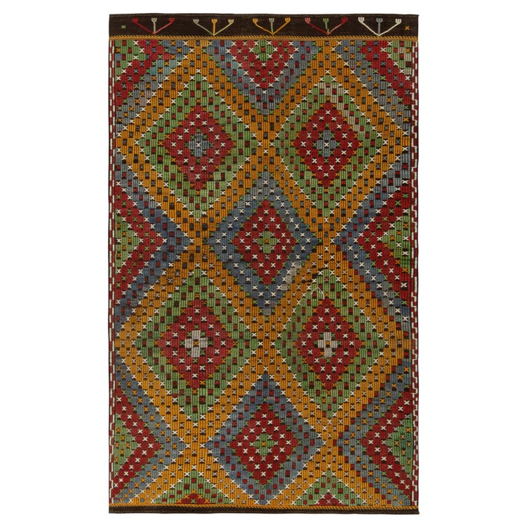 Vintage Kilim in Green, Gold, Red Blue Tribal Geometric Pattern by Rug ...