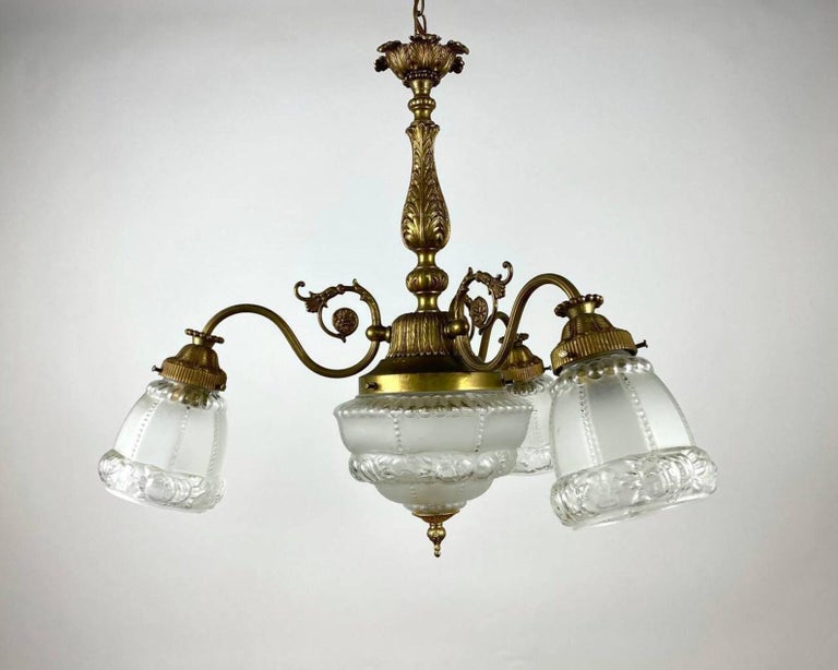 Vintage Ceiling Chandelier With Three Matte Glass Lampshades, France ...