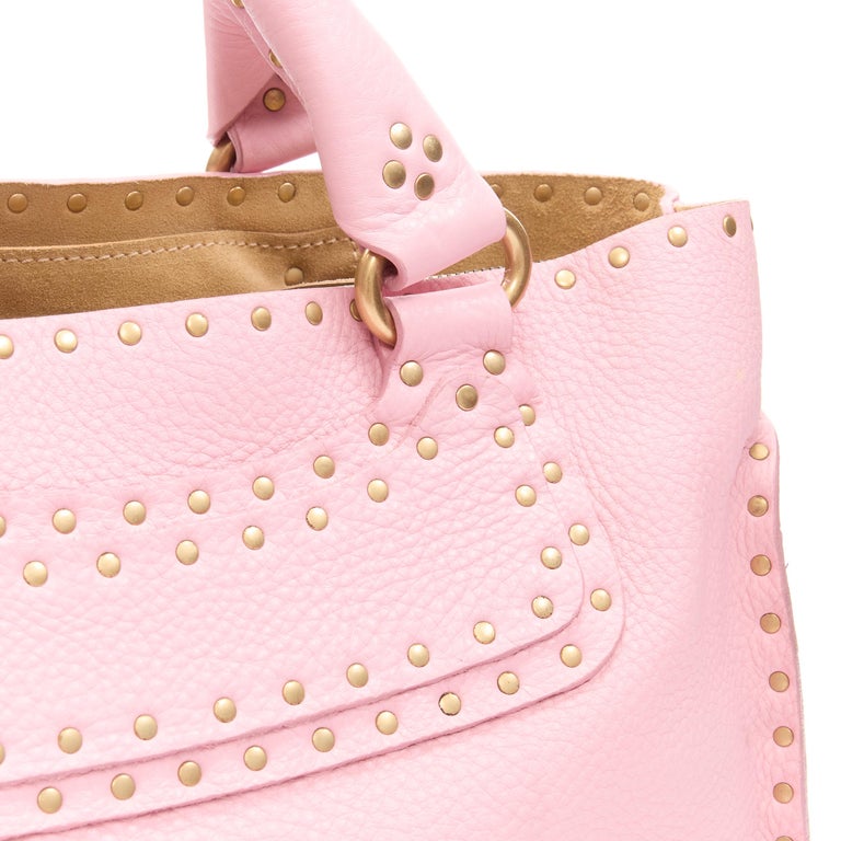 vintage CELINE Boogie pastel pink grained leather gold studded top ...