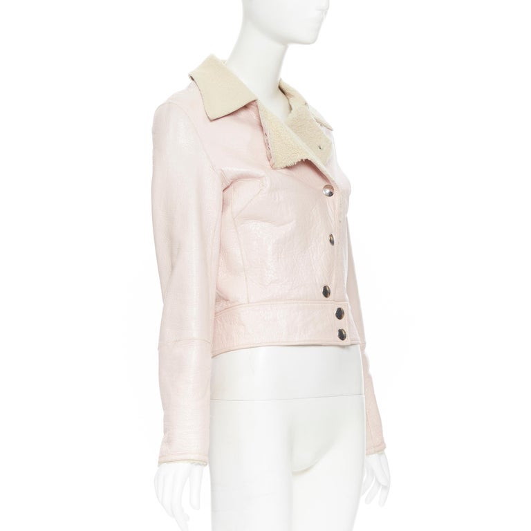 vintage CELINE coated light pink faux shearling lined cropped biker ...
