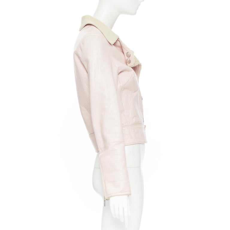 vintage CELINE coated light pink faux shearling lined cropped biker ...
