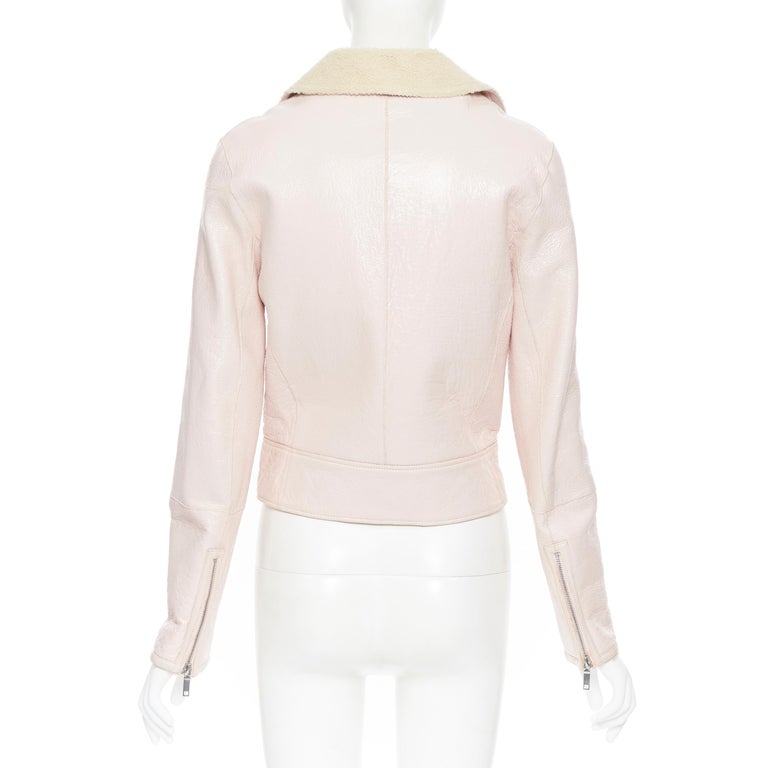 vintage CELINE coated light pink faux shearling lined cropped biker ...