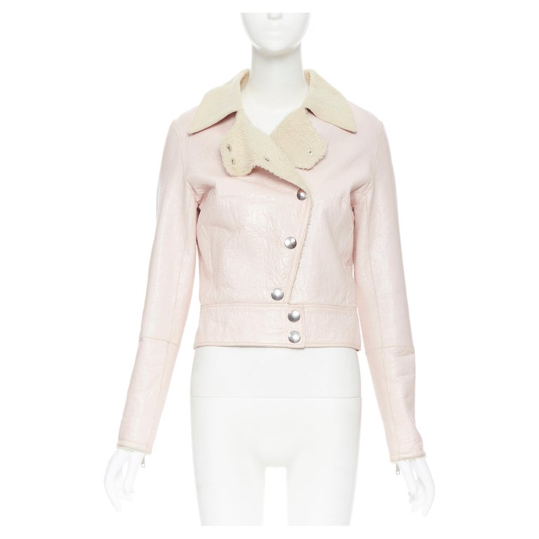 vintage CELINE coated light pink faux shearling lined cropped biker ...