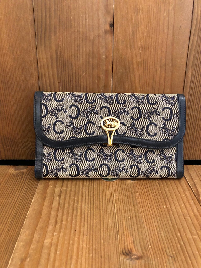 Vintage CELINE Monogram Jacquard Tri-Fold Long Wallet Navy For Sale at ...