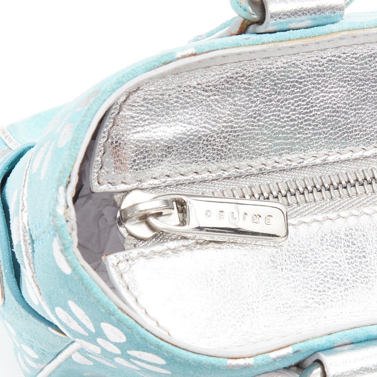 vintage CELINE sky blue suede silver stencil floral print small tote ...