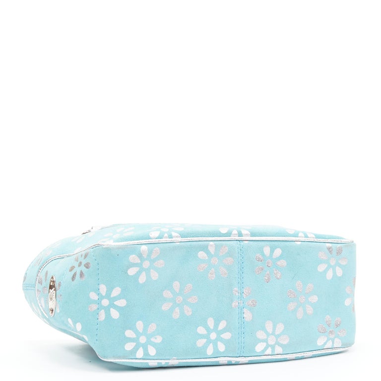 vintage CELINE sky blue suede silver stencil floral print small tote ...