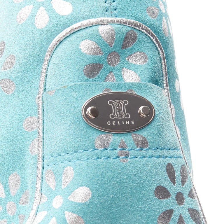 vintage CELINE sky blue suede silver stencil floral print small tote ...