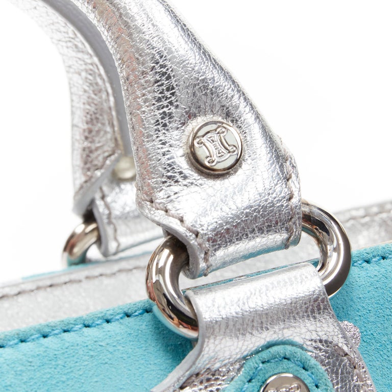 vintage CELINE sky blue suede silver stencil floral print small tote ...