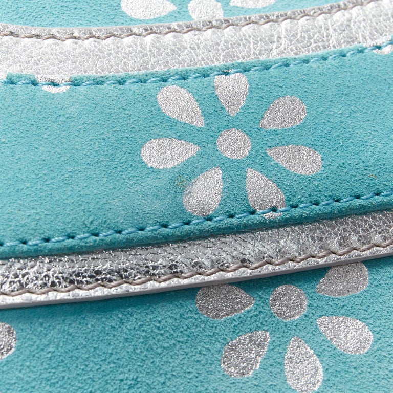 vintage CELINE sky blue suede silver stencil floral print small tote ...
