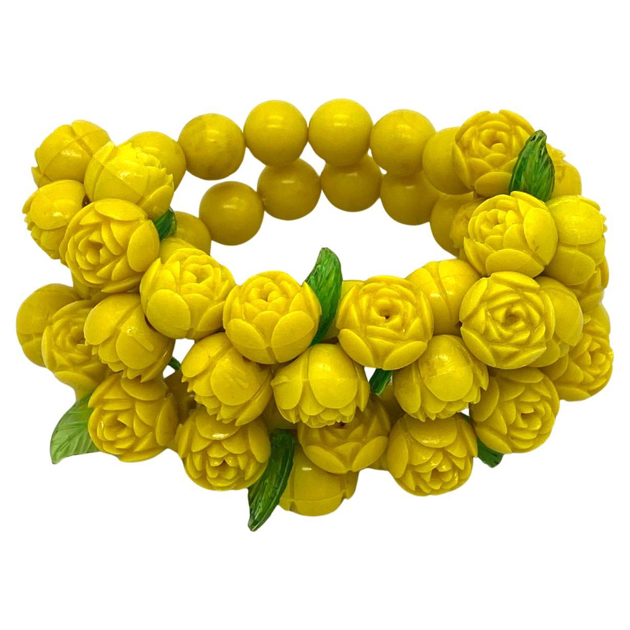Vintage Celluloid Rose Beaded Stretch Bracelet For Sale at 1stDibs