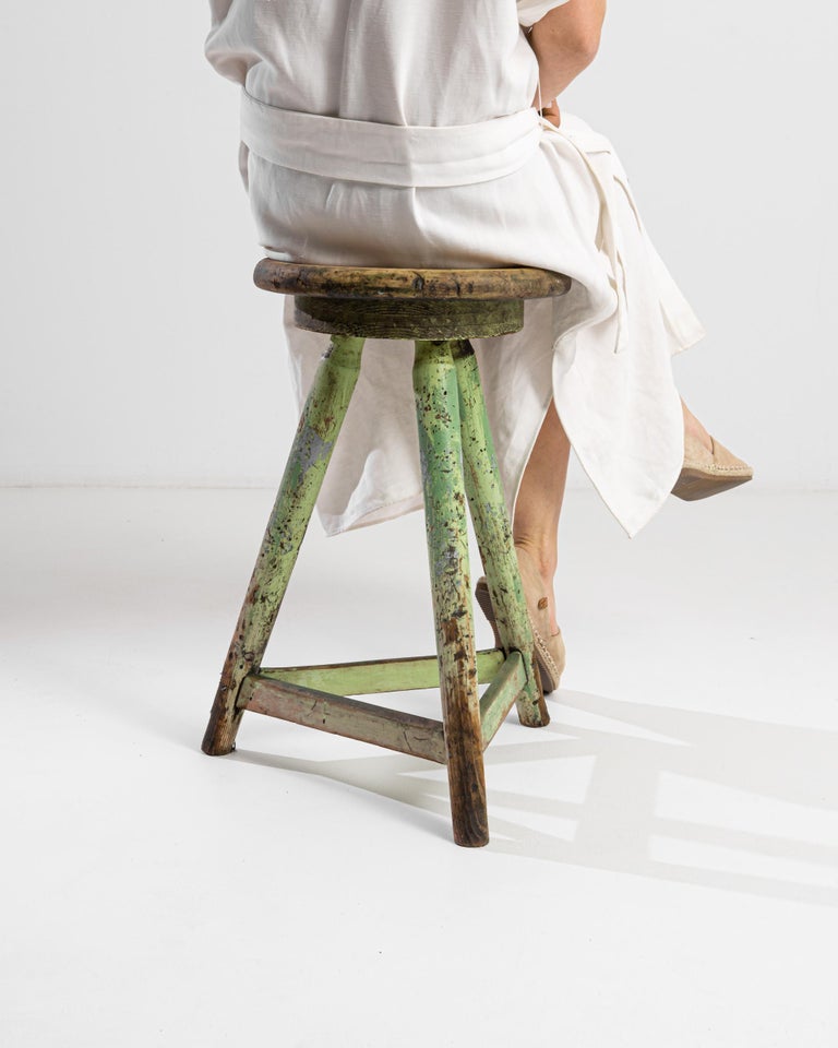 Vintage Central European Green Wooden Stool at 1stDibs