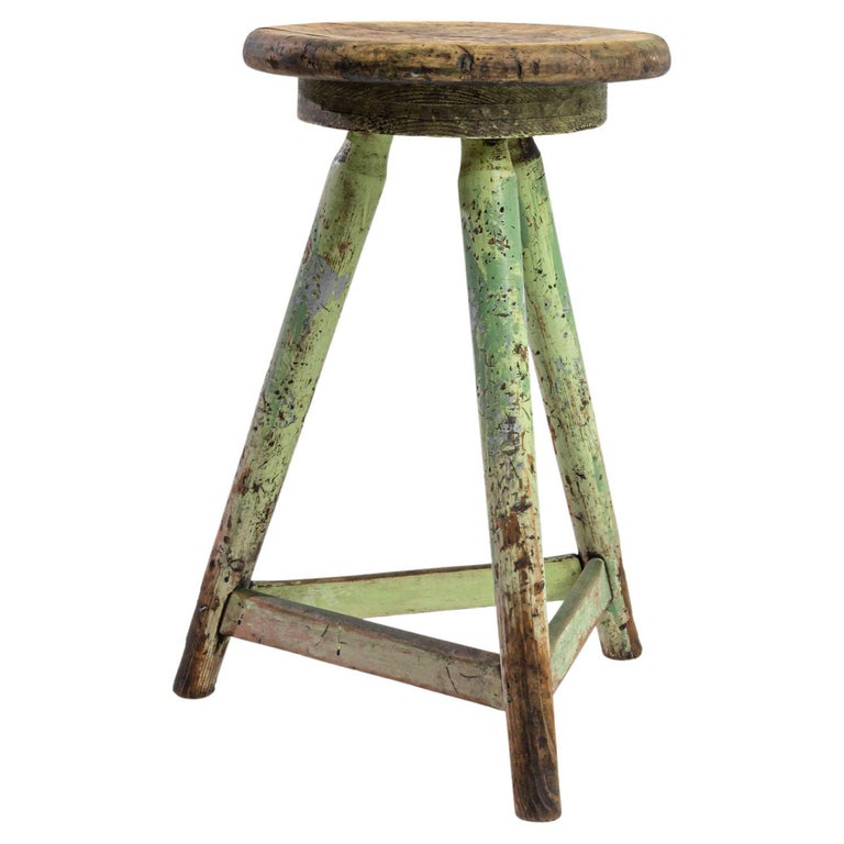 Vintage Central European Green Wooden Stool at 1stDibs