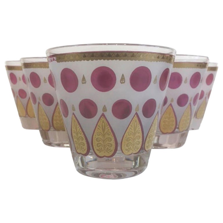 Vintage, Cera Glass, 6 Old Fashioned, Raspberry Dots and Gold Palmettes ...