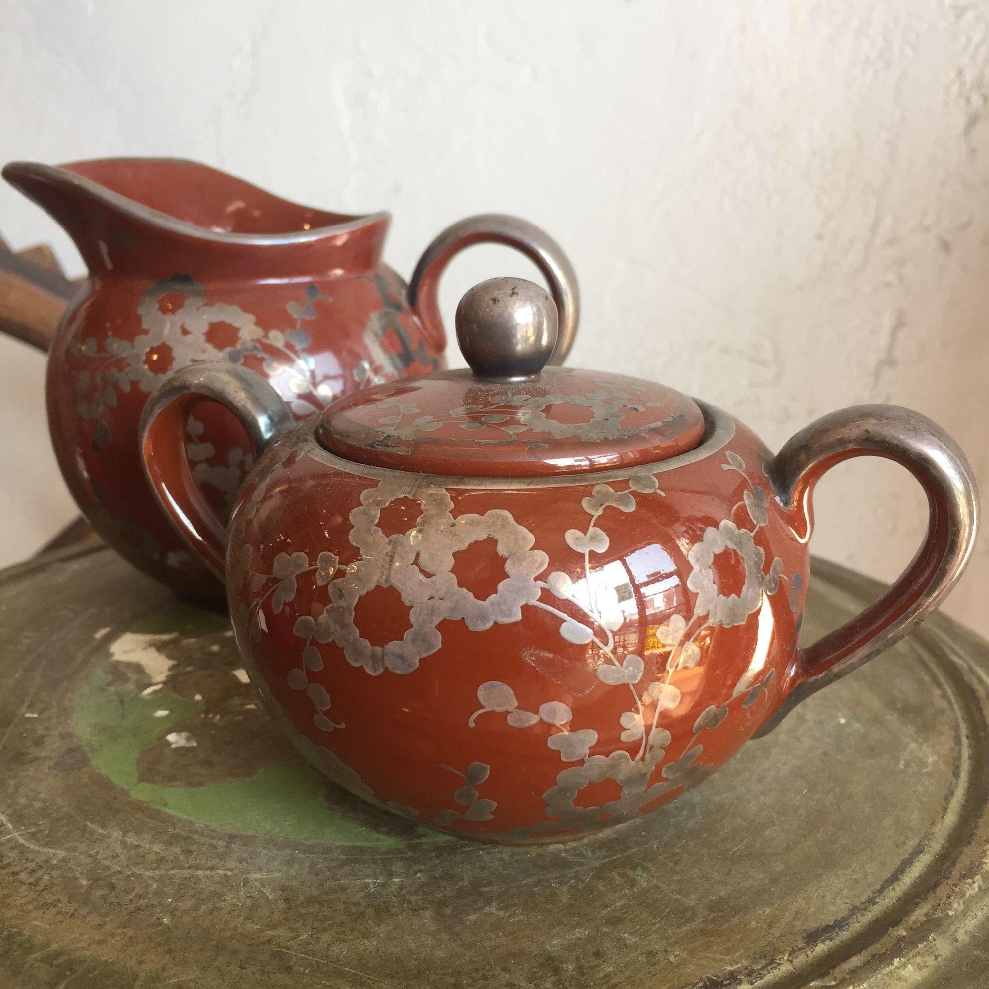 Vintage Ceramic Creamer and Sugar Bowl Raku Glaze Signed For Sale at ...