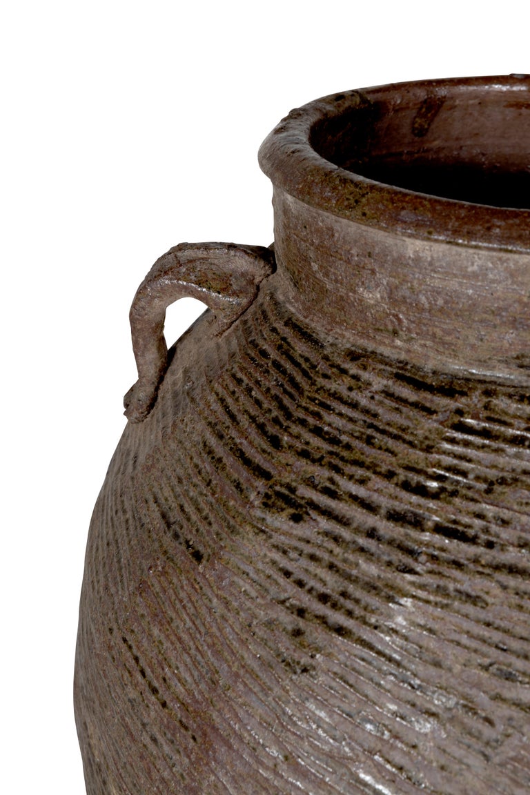 Vintage Ceramic Ribbed Pot with Handled For Sale at 1stDibs