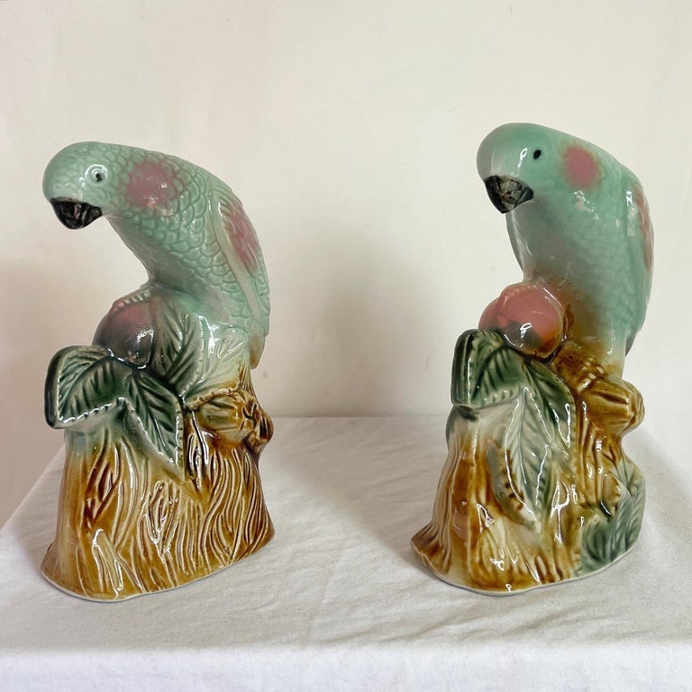 Vintage Ceramic Sculpture of Parrots on a Perch, a Pair For Sale at 1stDibs
