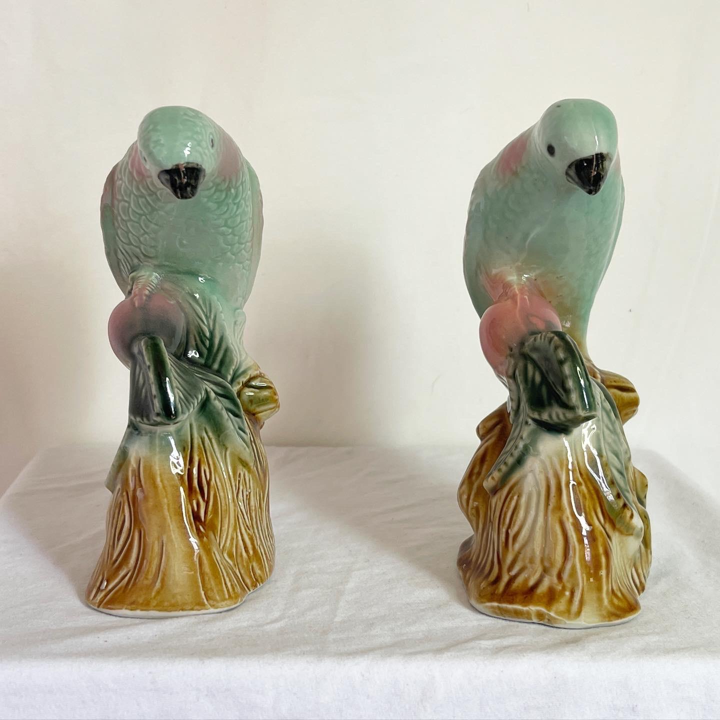 Vintage Ceramic Sculpture of Parrots on a Perch, a Pair For Sale at 1stDibs