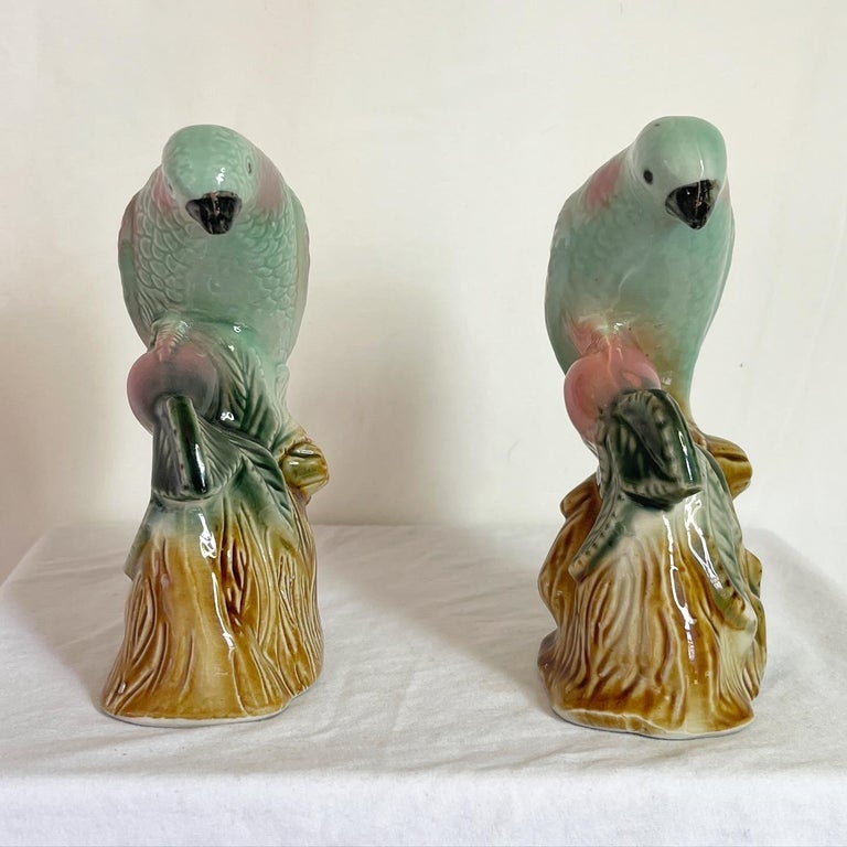 Vintage Ceramic Sculpture of Parrots on a Perch, a Pair For Sale at 1stDibs