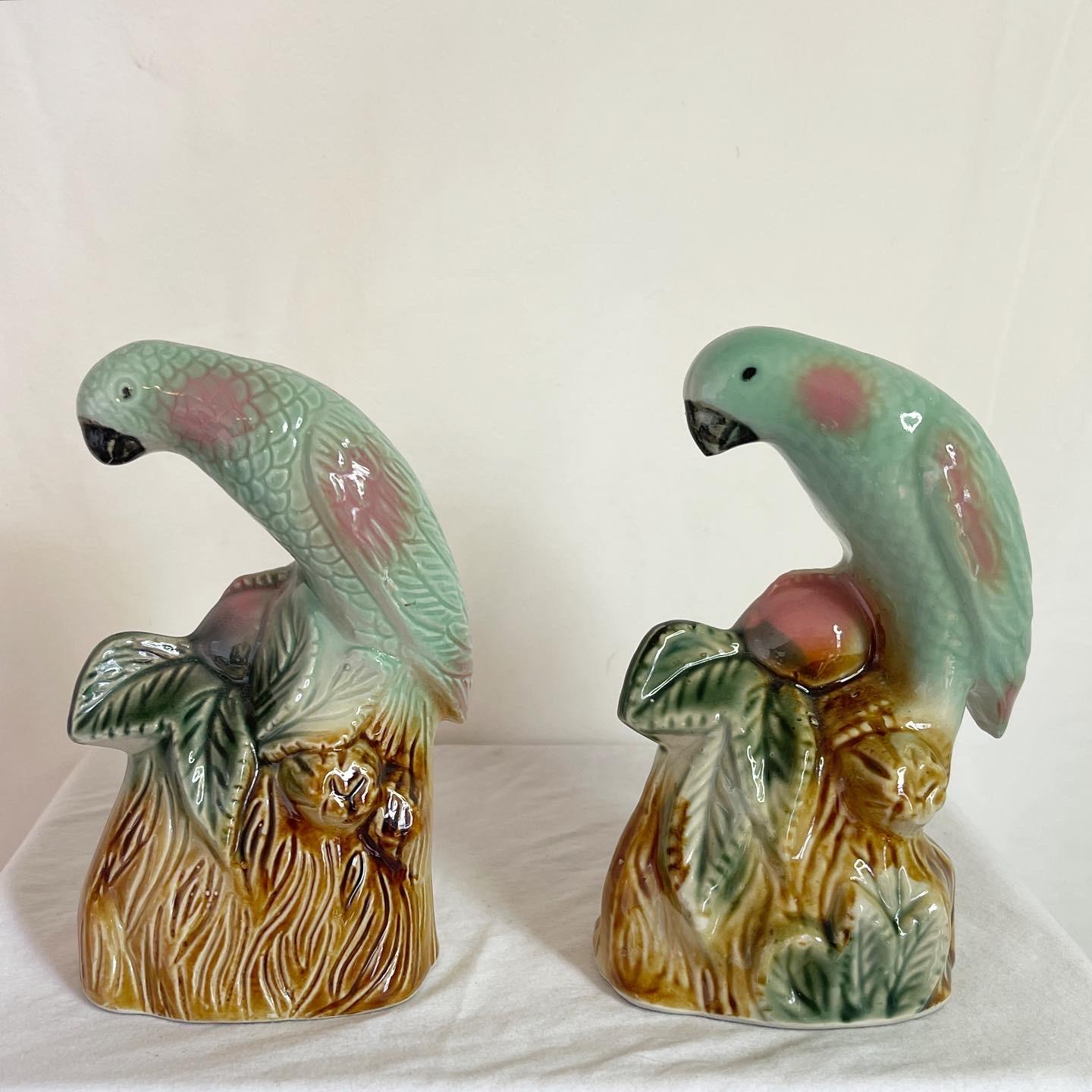 Vintage Ceramic Sculpture of Parrots on a Perch, a Pair For Sale at 1stDibs