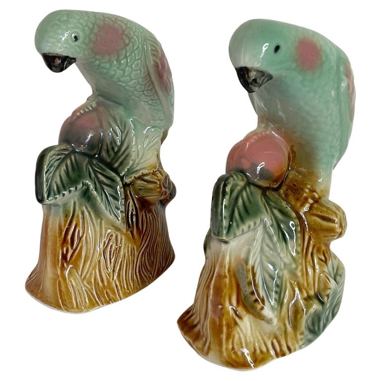 Vintage Ceramic Sculpture of Parrots on a Perch, a Pair For Sale at 1stDibs