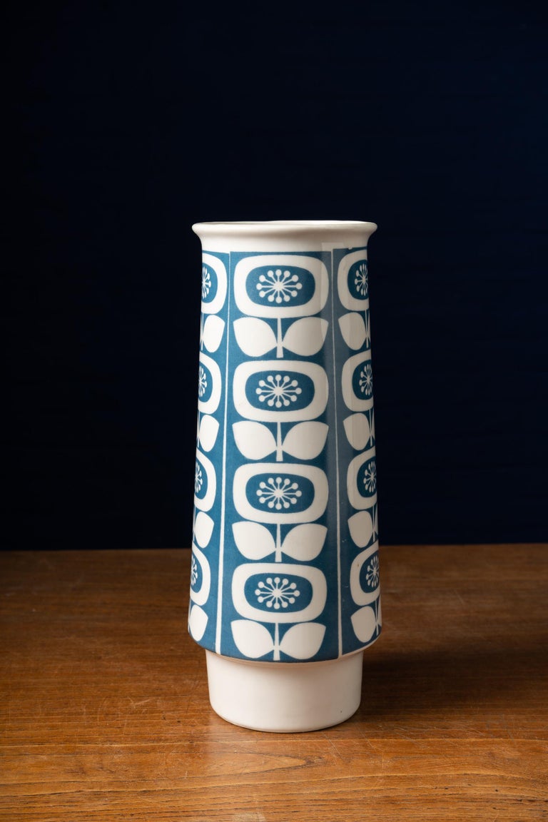 Vintage Ceramic Vase with Blue Flower Pattern For Sale at 1stDibs