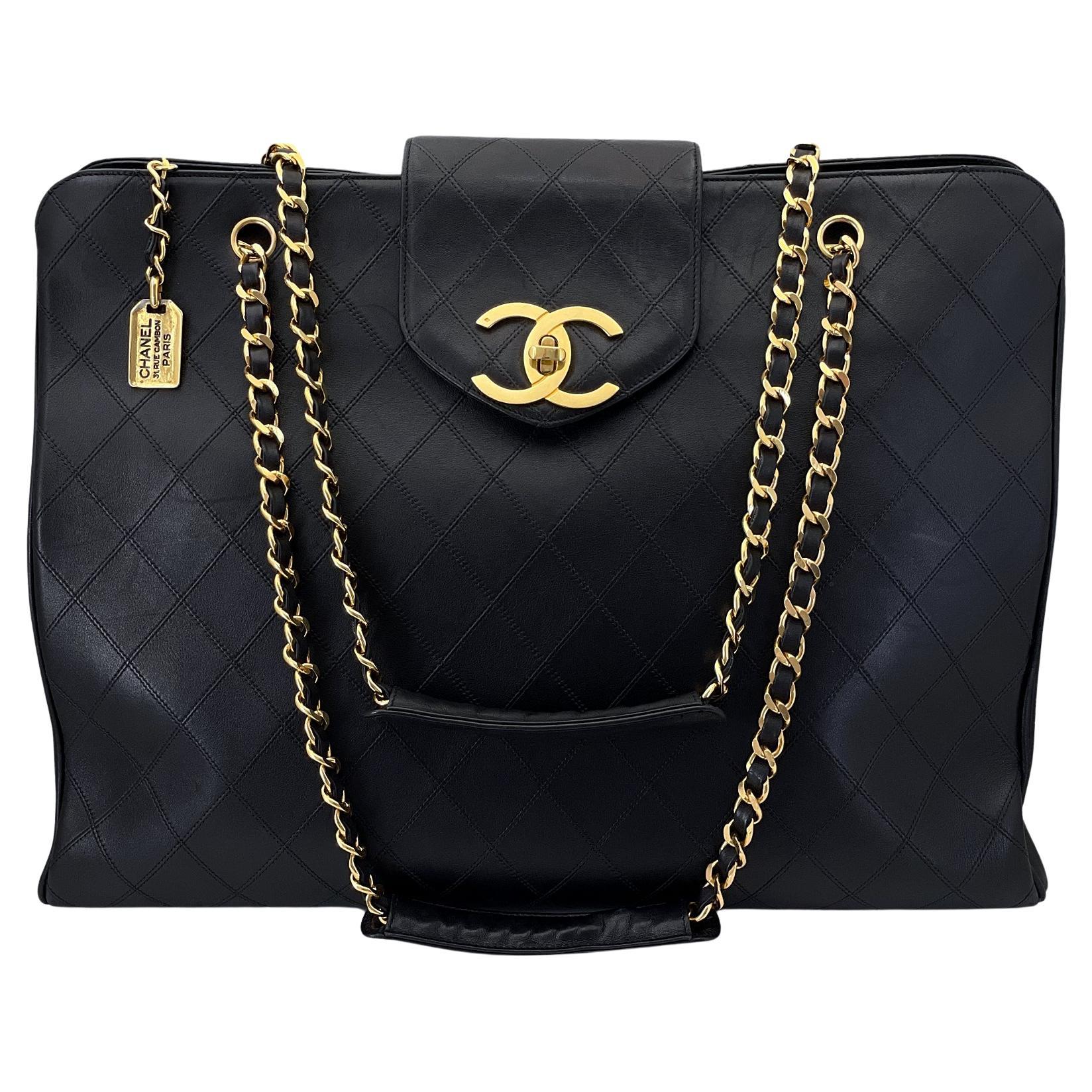Vintage Chanel 1994 Black Quilted Supermodel XL Weekender Tote Bag 24k ...