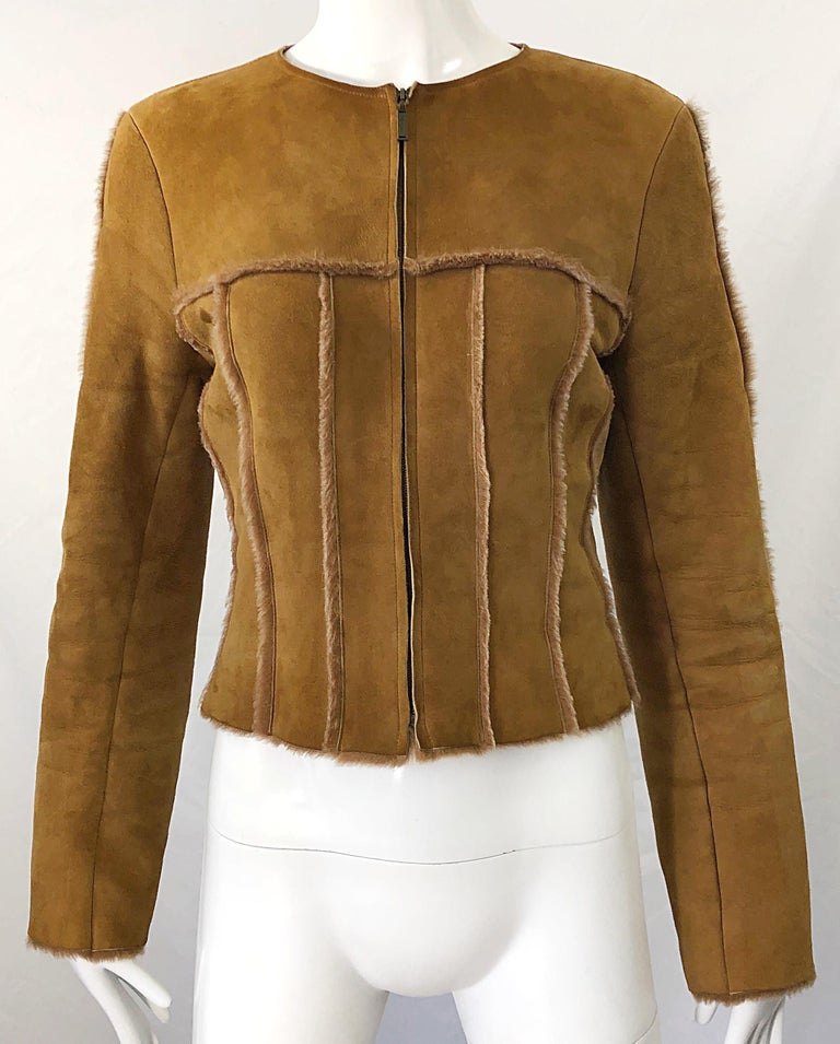 Vintage Chanel 1999 Tan Suede Sheepskin Fur Size 38 Brown Cropped 90s ...