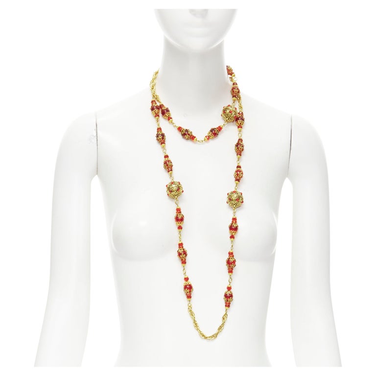 vintage CHANEL 93P red Gripoix Byzantine ball gold-tone sautoir ...