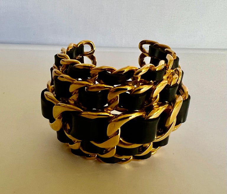 Vintage Chanel Black Lambskin Leather Curb Chain Chunky Cuff Bracelet ...
