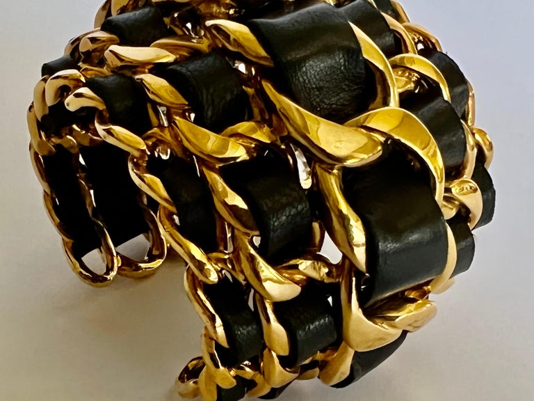 Vintage Chanel Black Lambskin Leather Curb Chain Chunky Cuff Bracelet ...