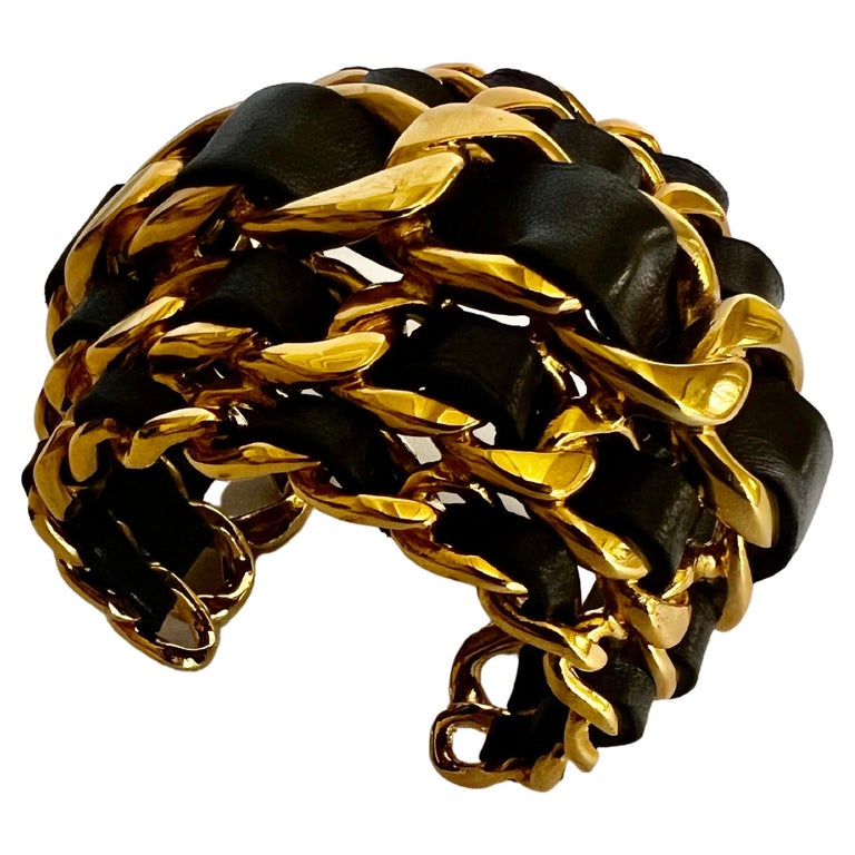 Vintage Chanel Black Lambskin Leather Curb Chain Chunky Cuff Bracelet ...