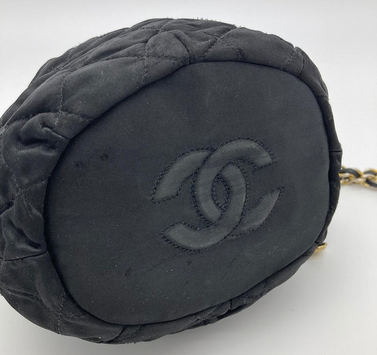 Vintage Chanel Black Satin and Leather Drawstring Bucket Bag For Sale ...