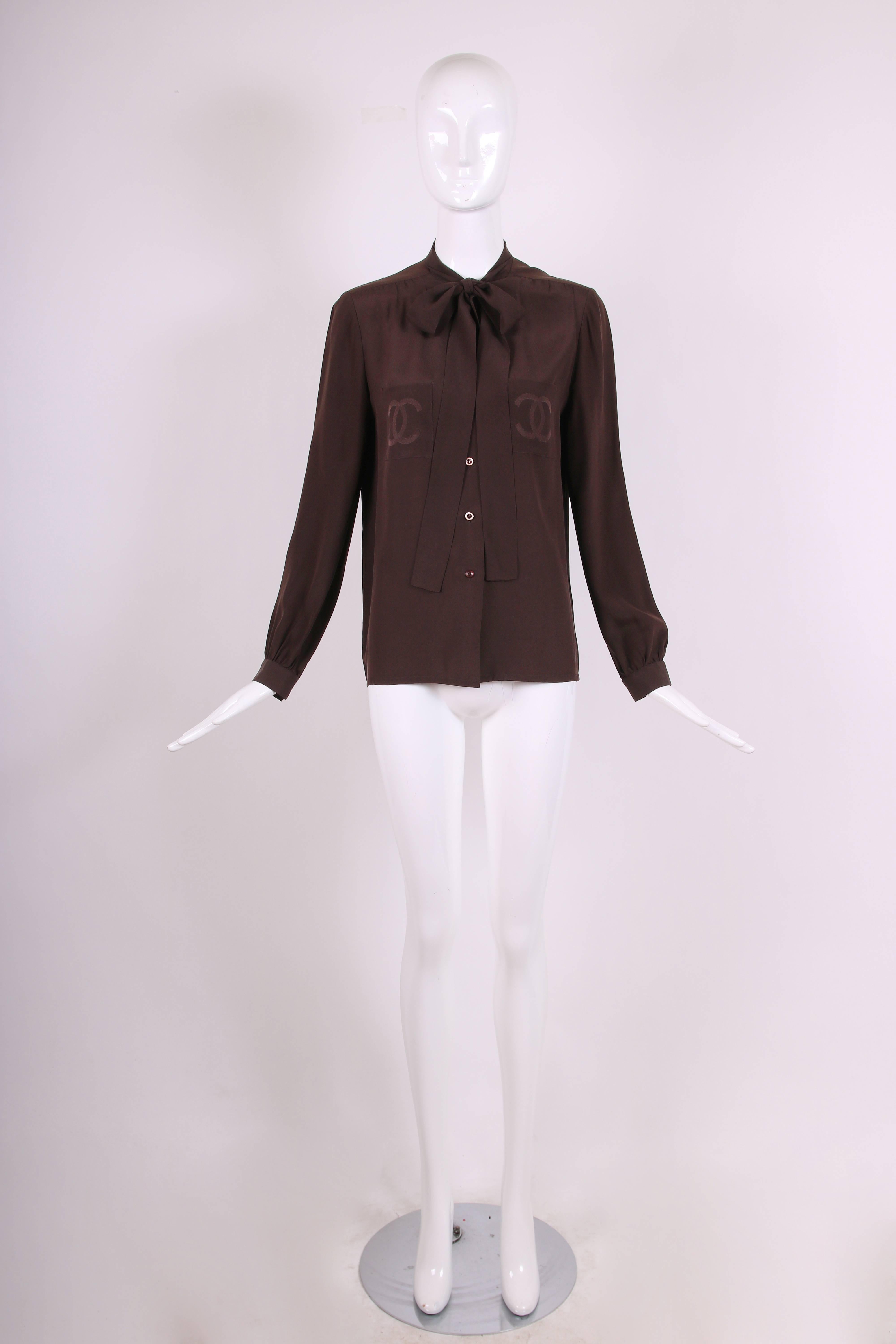 Vintage Chanel Brown Silk Blouse W/CC Logo at Front Pockets at 1stDibs ...