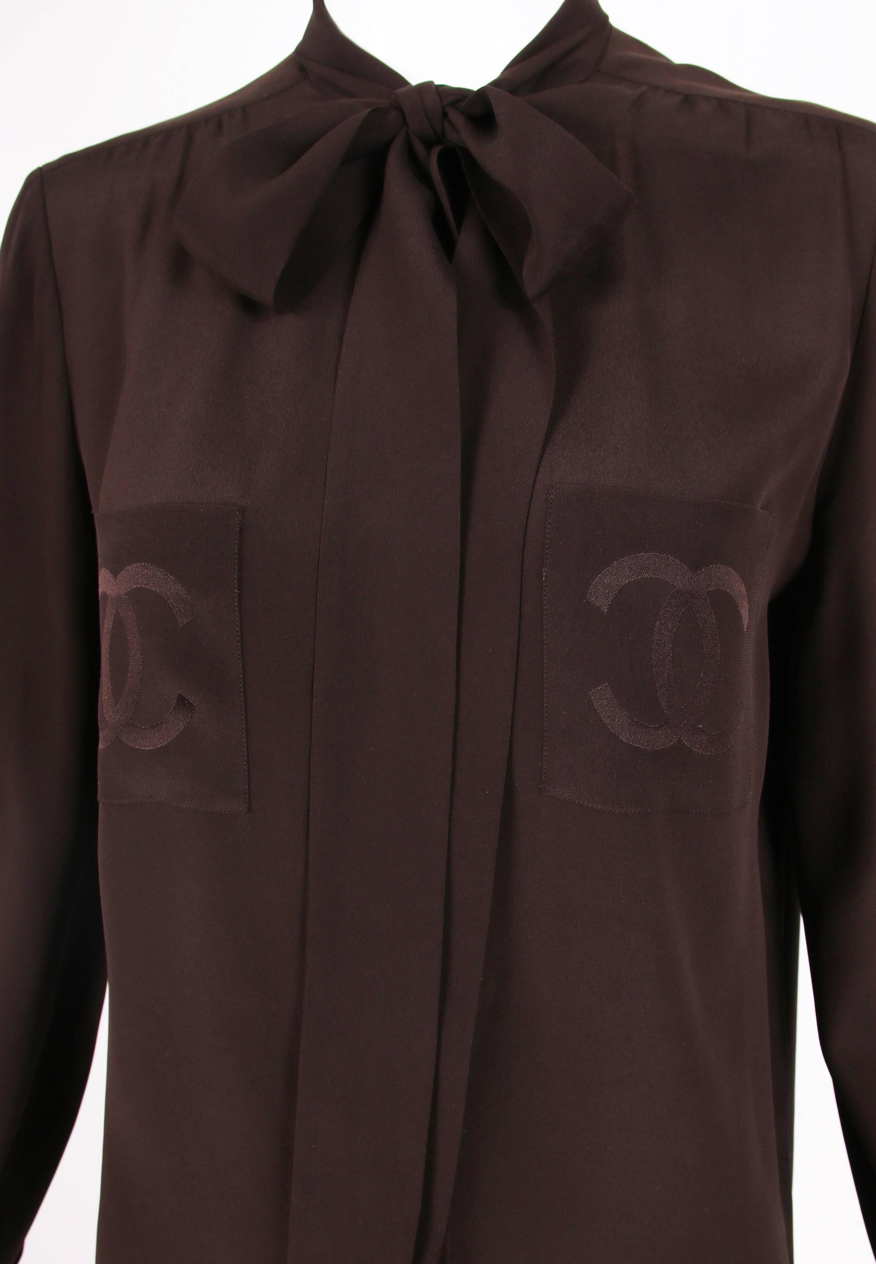 Vintage Chanel Brown Silk Blouse W/CC Logo at Front Pockets at 1stDibs ...