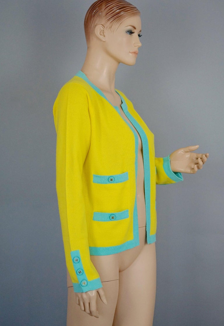 Vintage CHANEL Cashmere Knit Yellow Turquoise Trim CC Logo Button ...