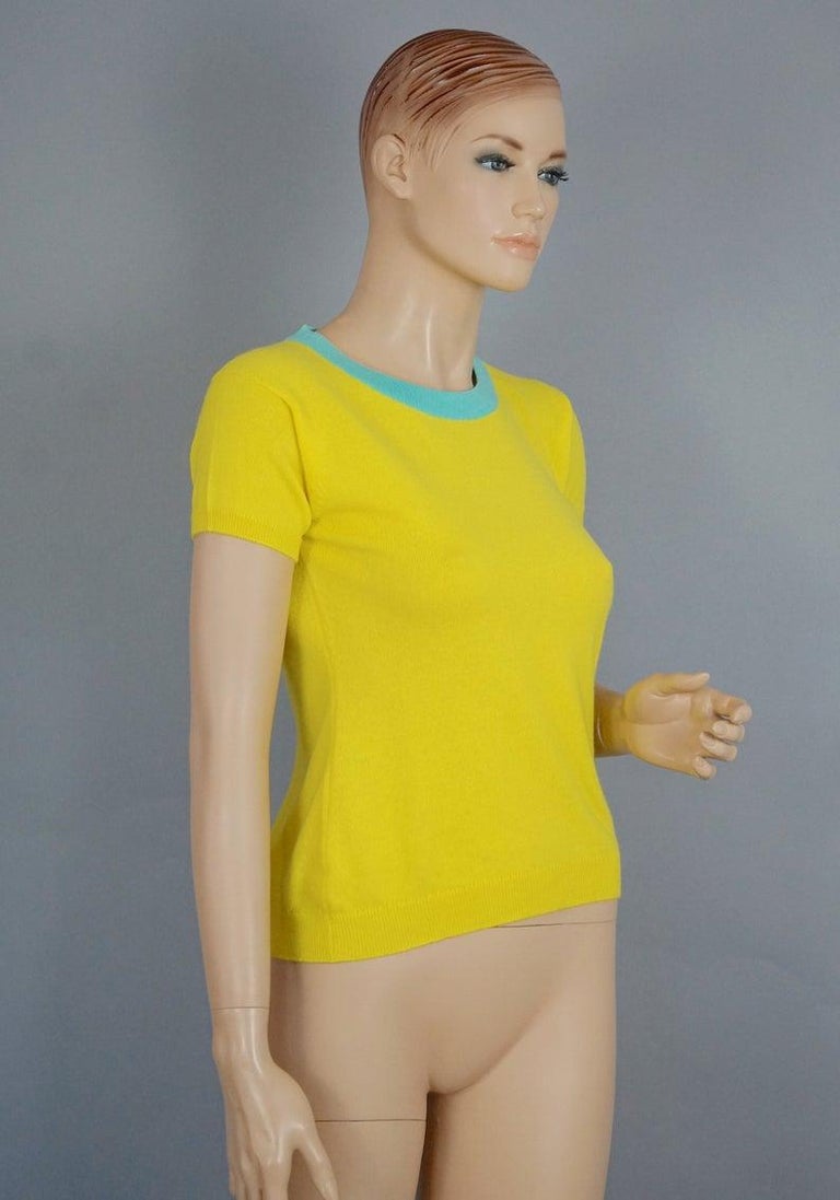 Vintage CHANEL Cashmere Knit Yellow Turquoise Trim CC Logo Button Top ...