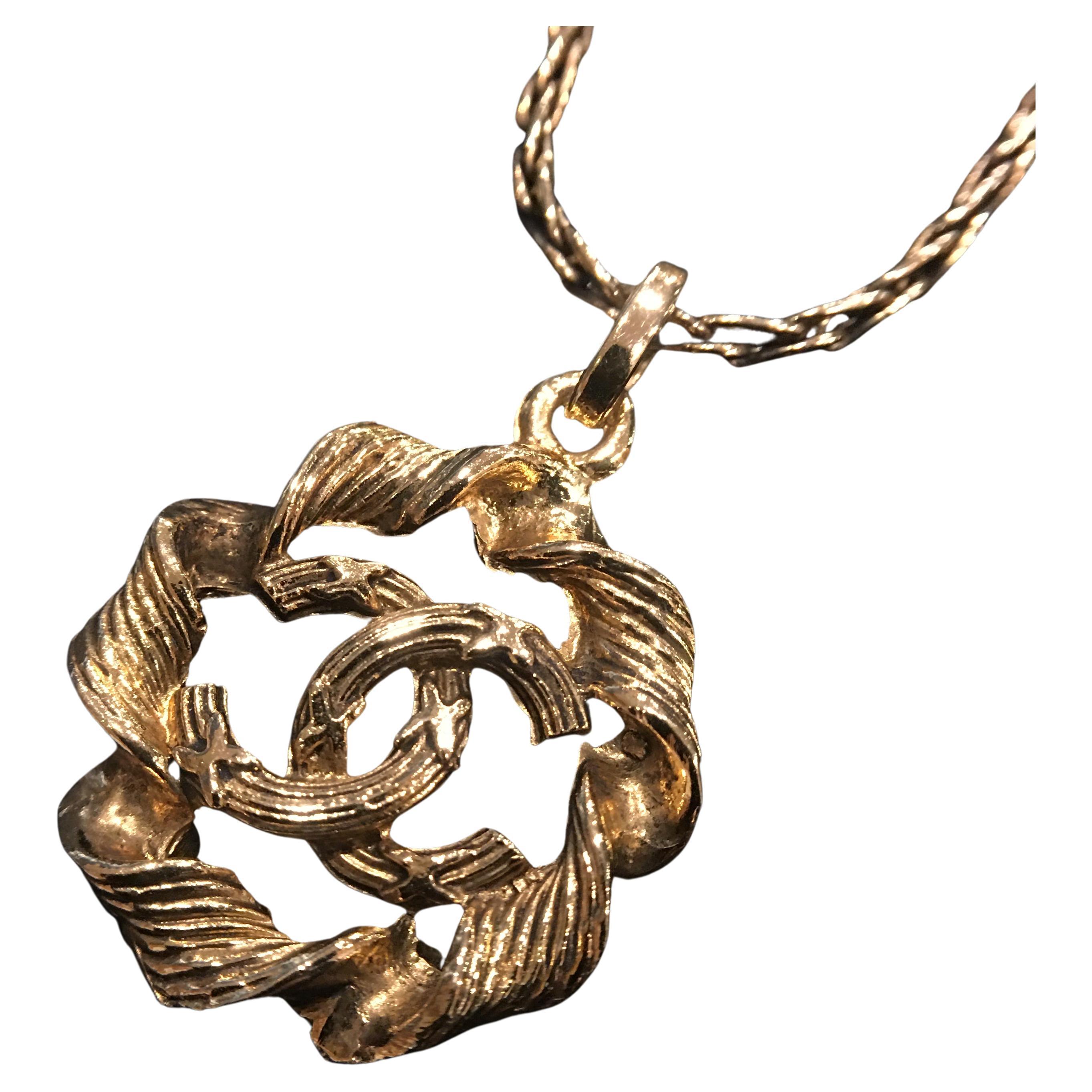 Vintage Chanel Custom Gilt Metal Logo Braided Pendant Short Necklace ...