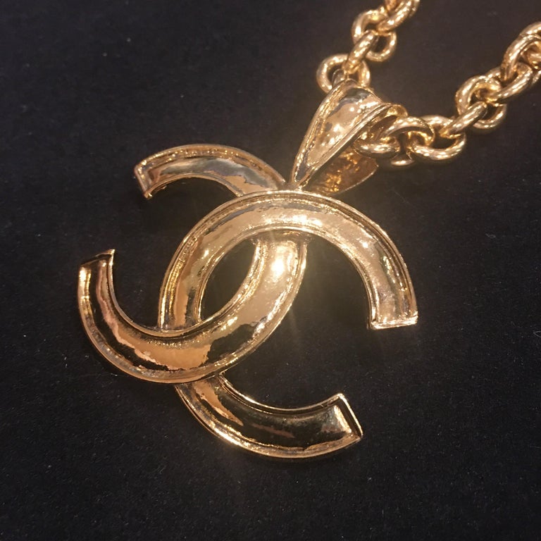 Vintage Chanel Custom Gold Plated Large CC Logo Pendant Short Necklace ...