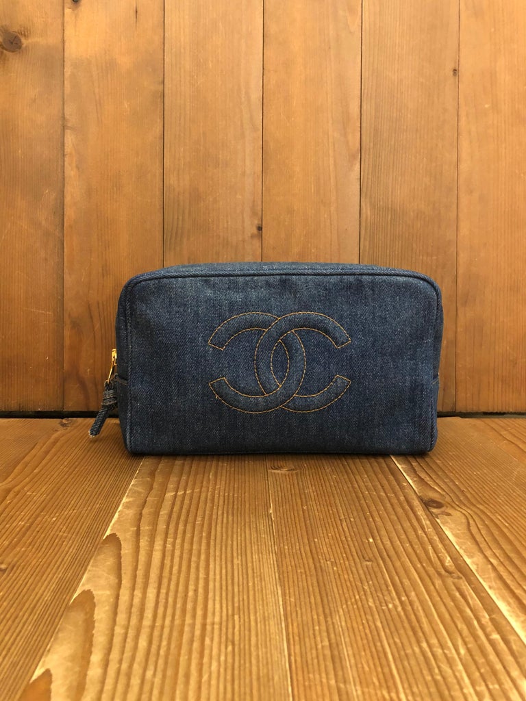 Vintage CHANEL Denim Cosmetic Pouch Blue For Sale at 1stDibs