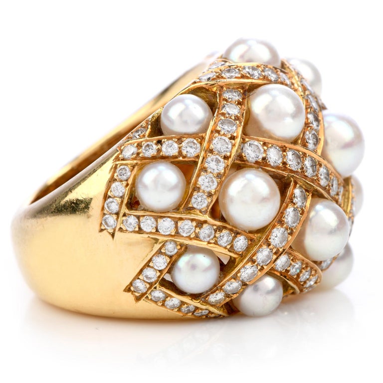 Vintage Chanel Diamond Pearl 18k Gold Perles Matelassé Cluster Cocktail ...