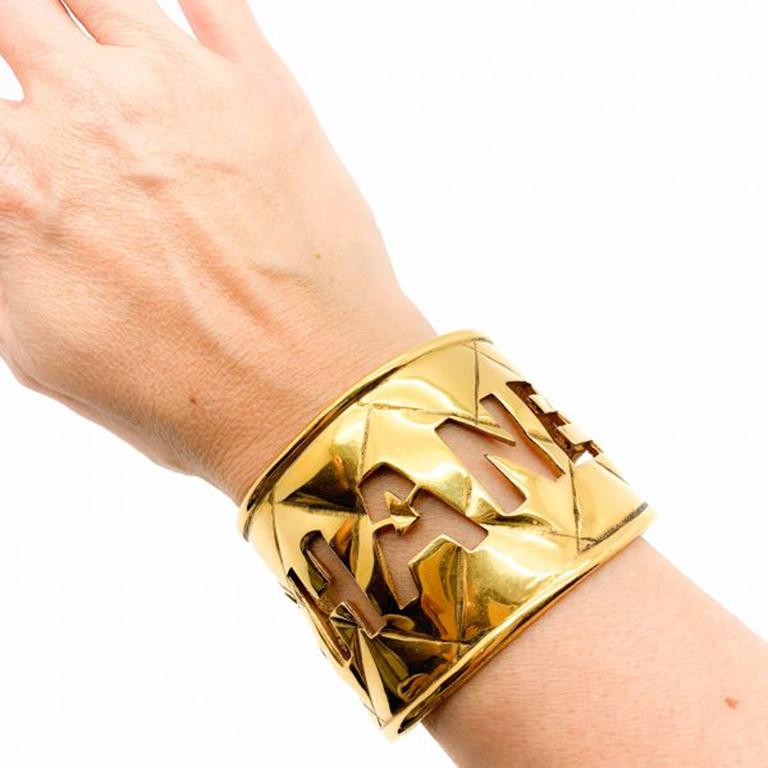 Vintage Chanel Gold Cut Out Logo Statement Cuff 1980s For Sale at ...