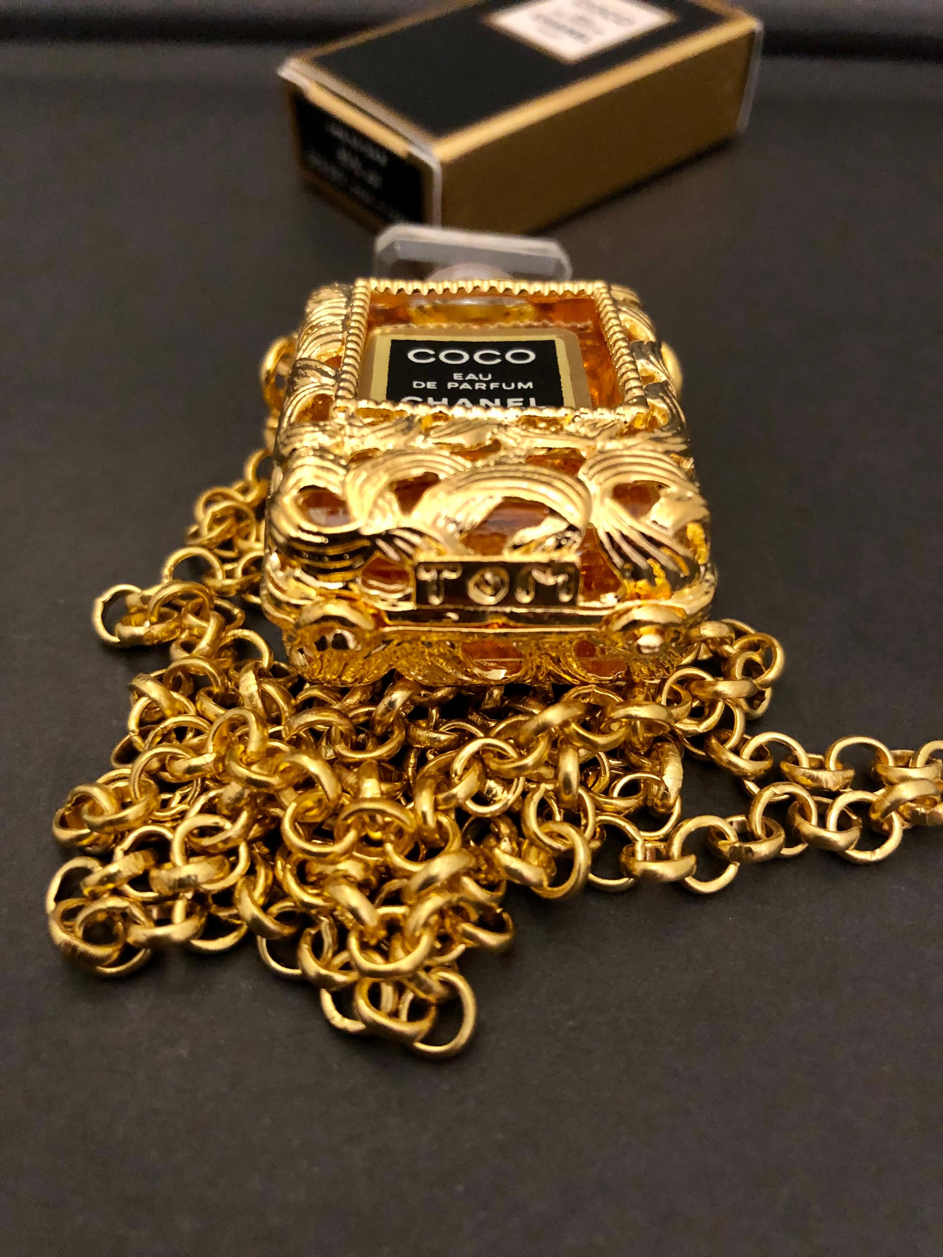 Vintage CHANEL Gold Toned COCO Perfume Chain Necklace For Sale at ...
