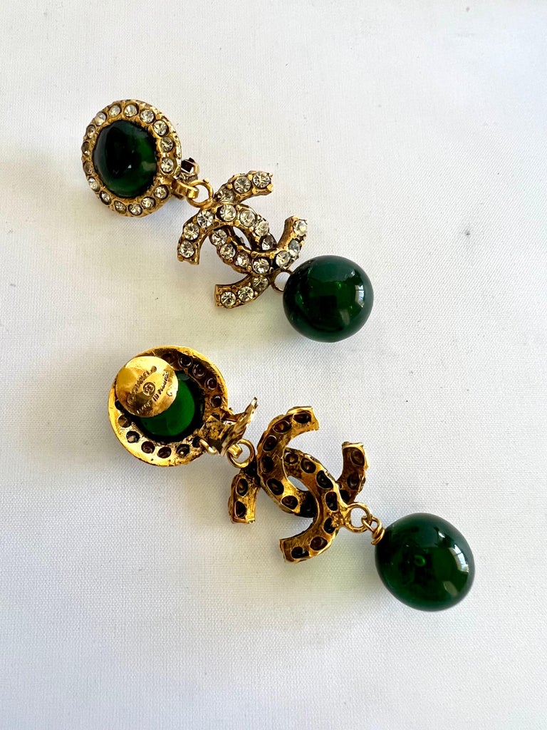 Vintage Chanel Green "Glass" Gilt Logo CC Diamante Earrings For Sale at ...