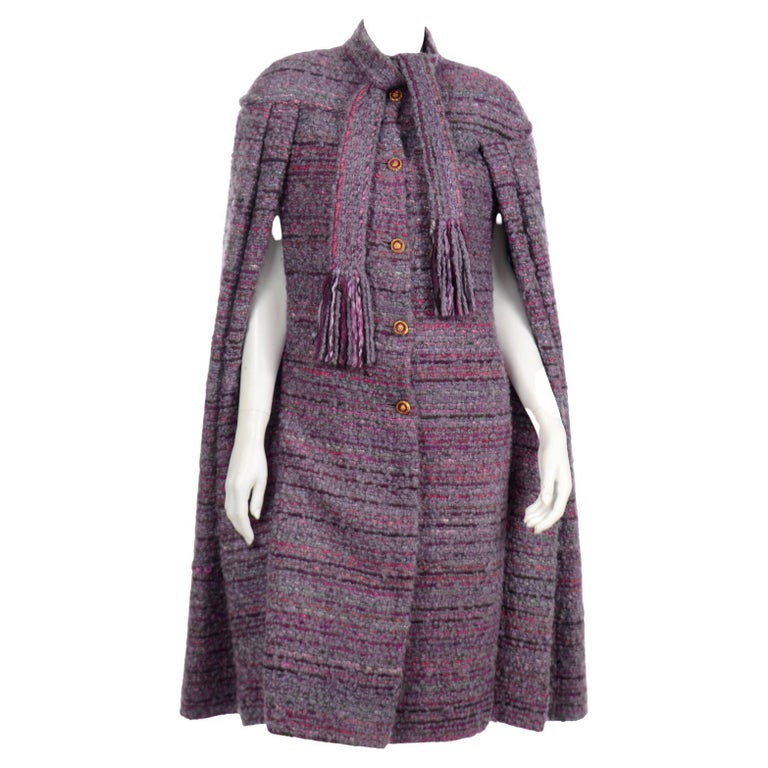 Vintage Chanel Haute Couture Purple Wool Boucle Cape w Scarf at 1stDibs