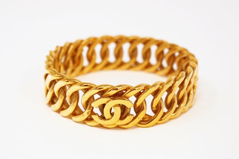 Vintage Chanel Heavy Gilt Curb Chain Bracelet with Three "CC" Logos ...