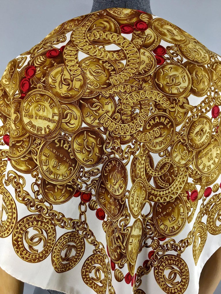 Vintage CHANEL Jewelled Medallion Coin Chain Twill Silk Scarf at ...