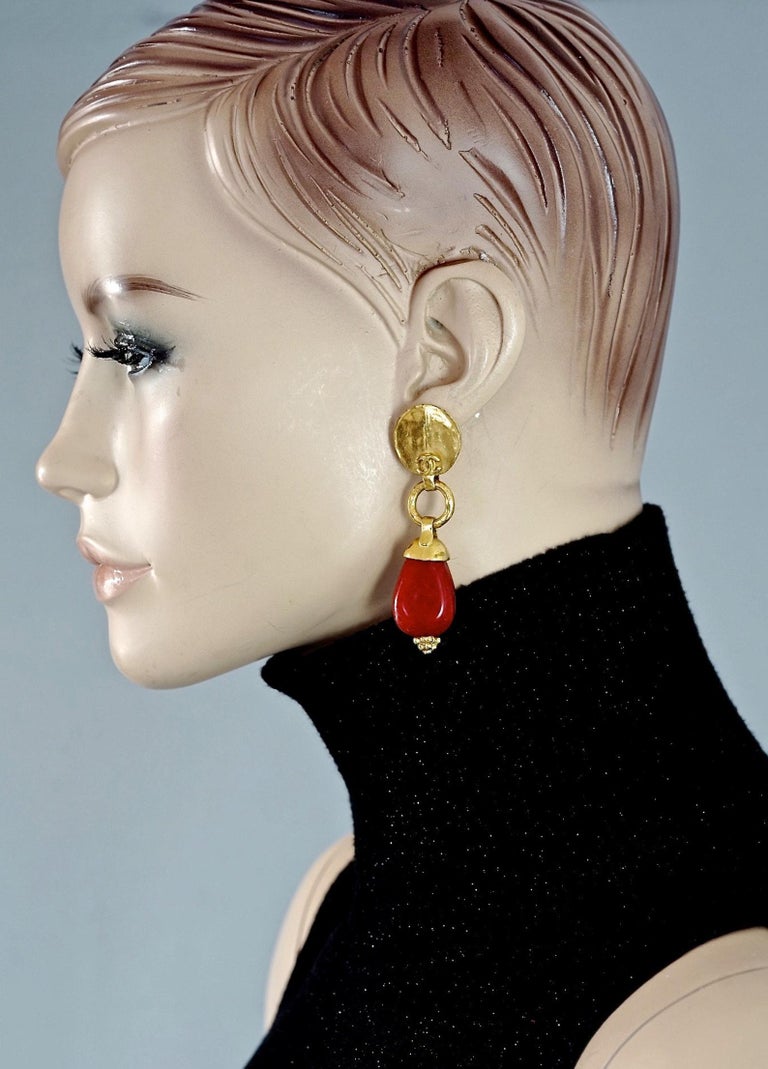 Vintage CHANEL Logo Disc Red Stone Drop Earrings at 1stDibs